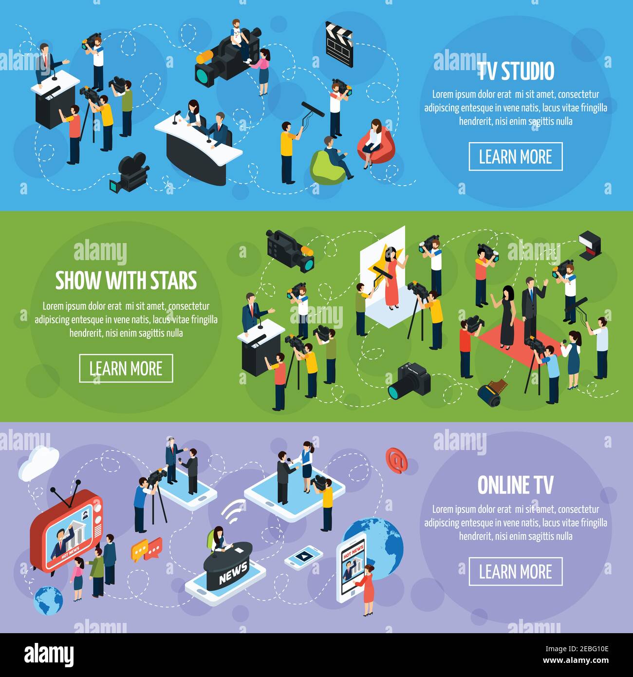 Media tv isometric horizontal banners with reporters and journalists in ...