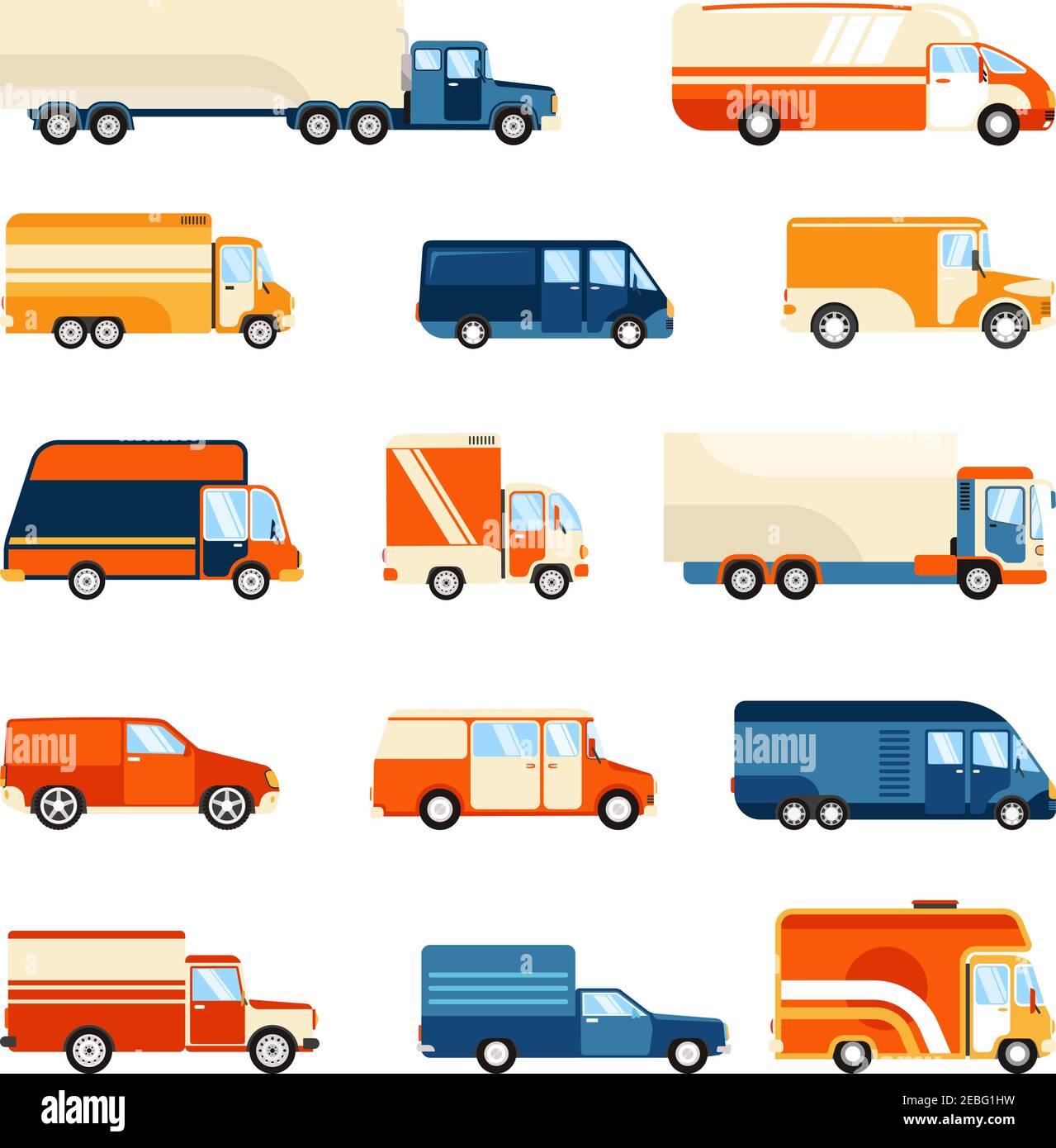 Colorful delivery trucks of different size set isolated on white ...