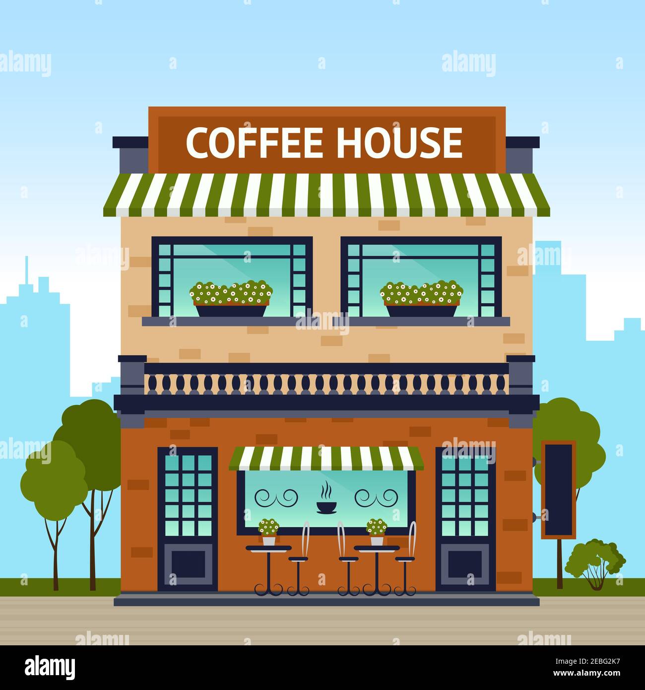 Coffee house building facade with city on background vector ...