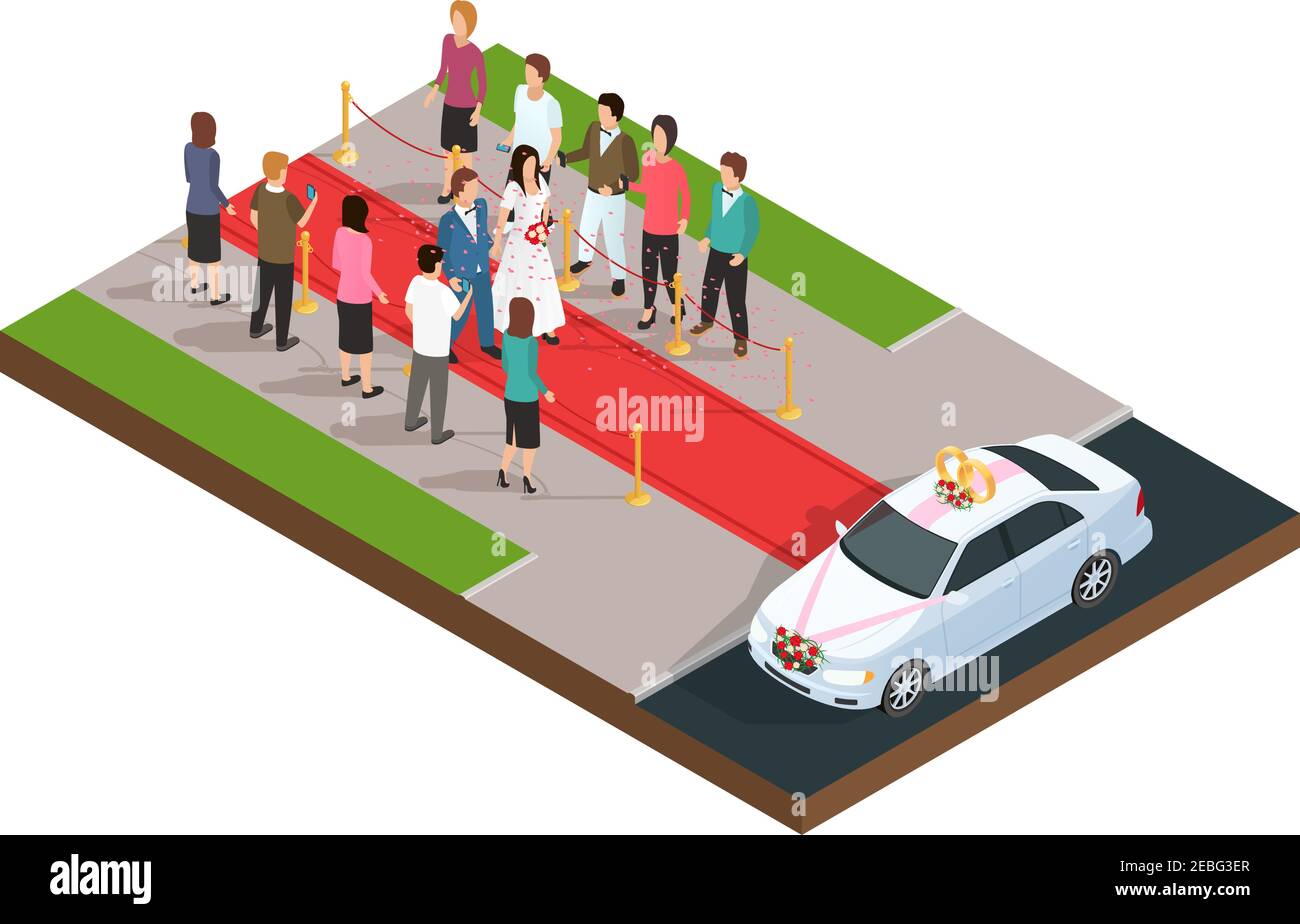 Wedding ceremony isometric composition with just married couple on the ...