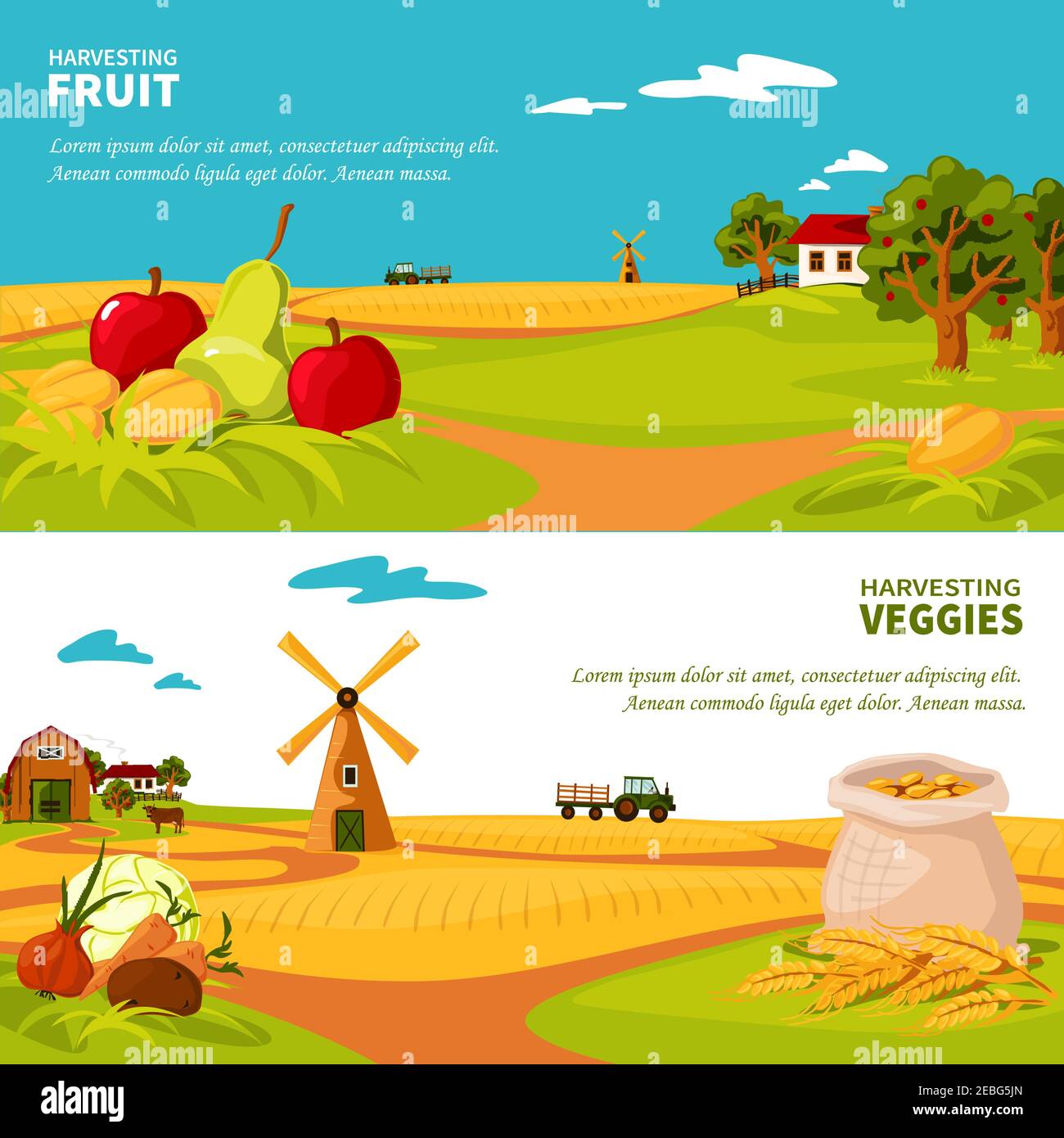 Flat design horizontal banners set with beautiful farm landscapes ...