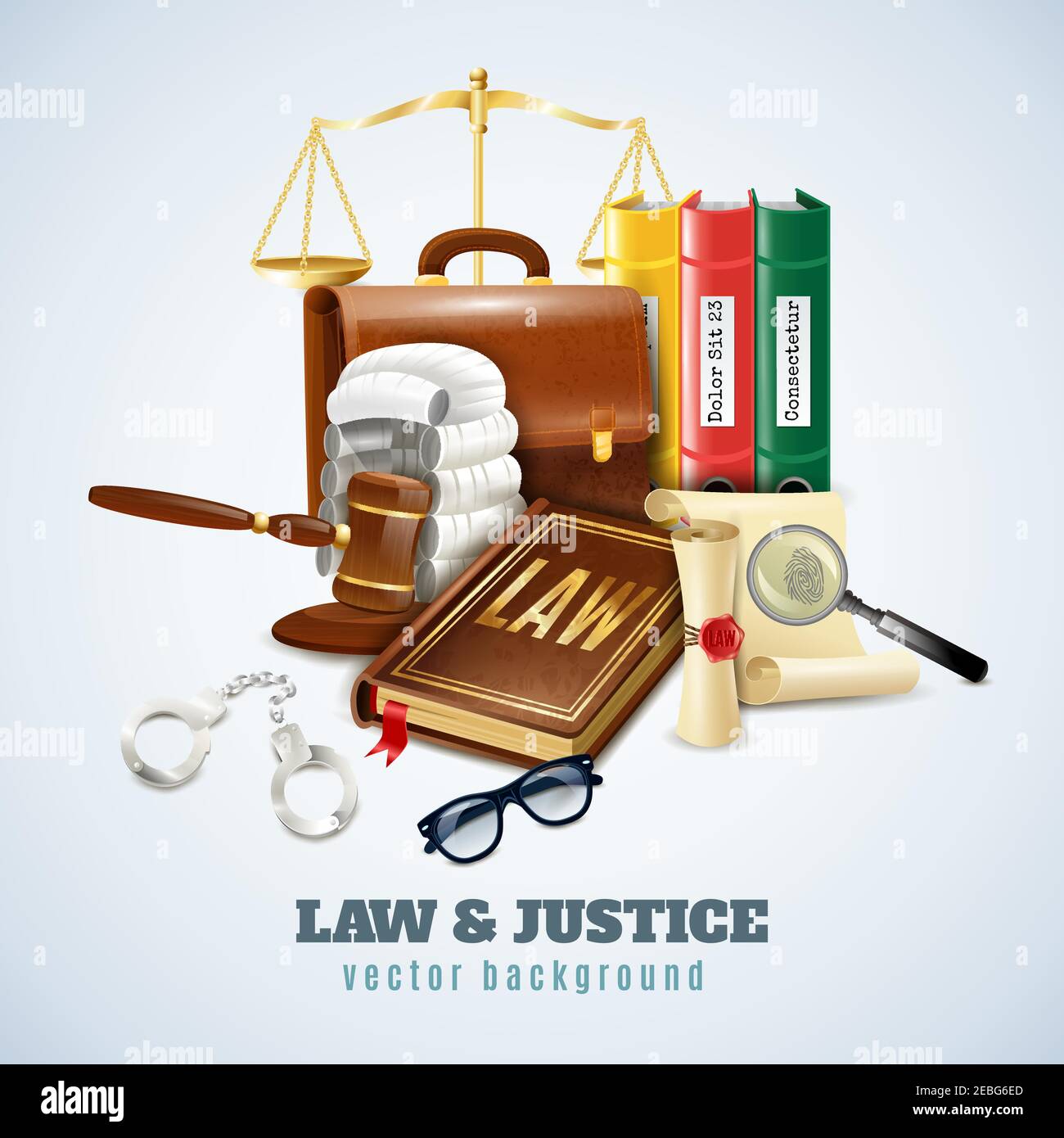 Law and justice legal system objects and symbols composition background ...