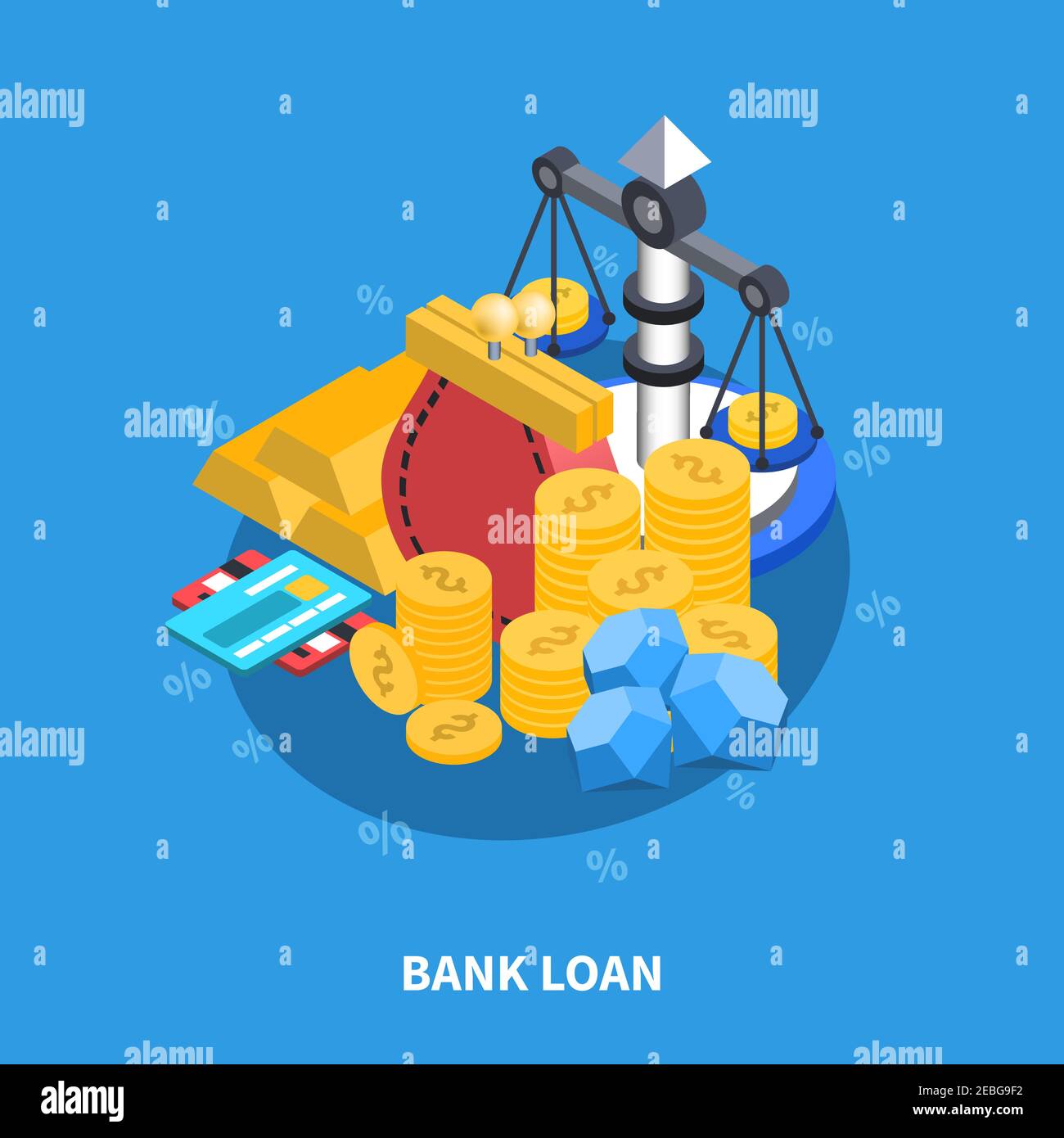 Bank loan financial isometric icons round composition with coins scales ...
