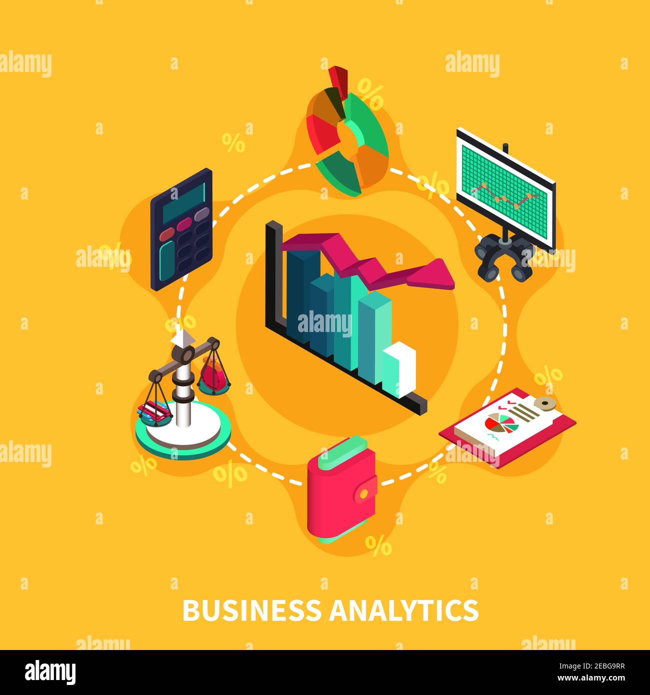Business analytics financial isometric icons with percentage diagram ...