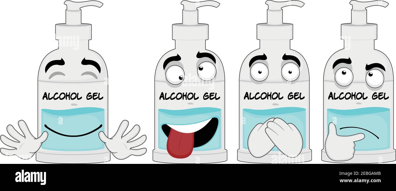 Vector illustration of expressions of a cartoon bottle of alcohol gel ...