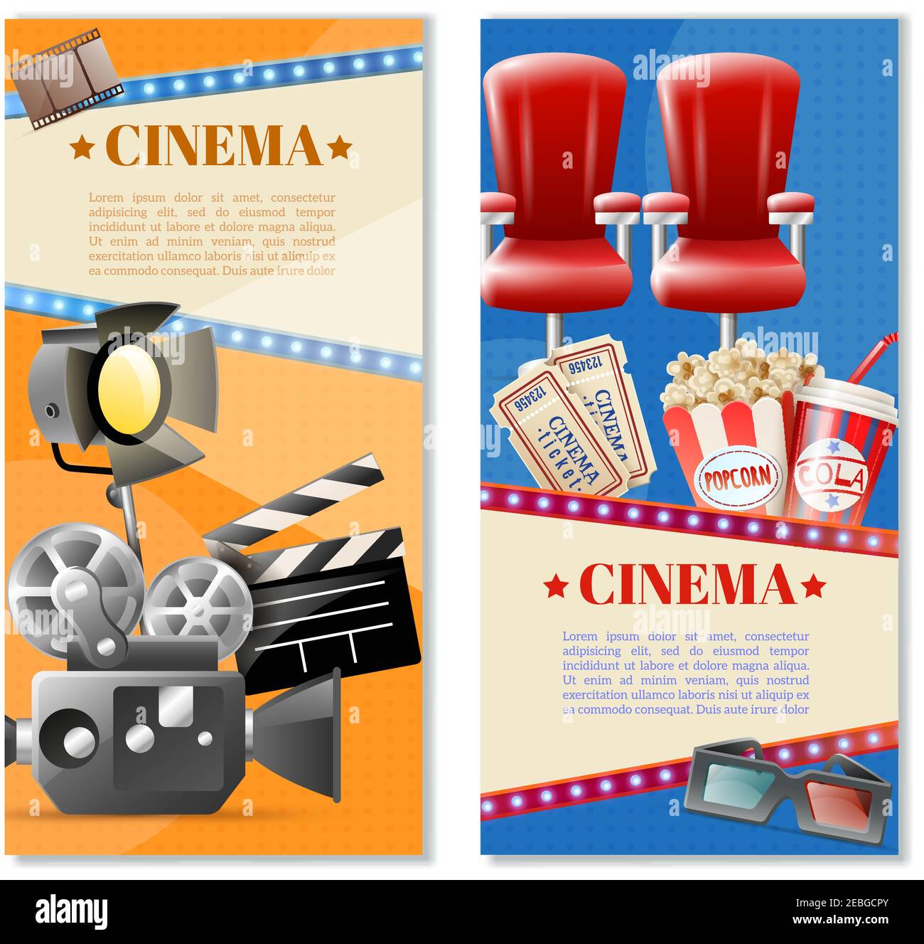 Cinema 2 retro vertical banners set with movie theater tickets seats ...
