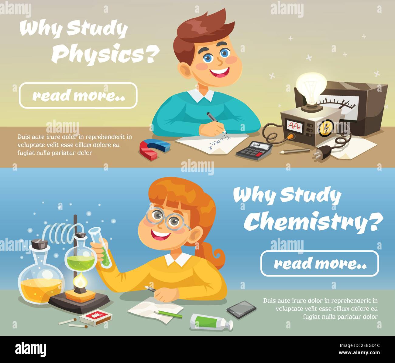 Science horizontal banners with smiling children studying school ...