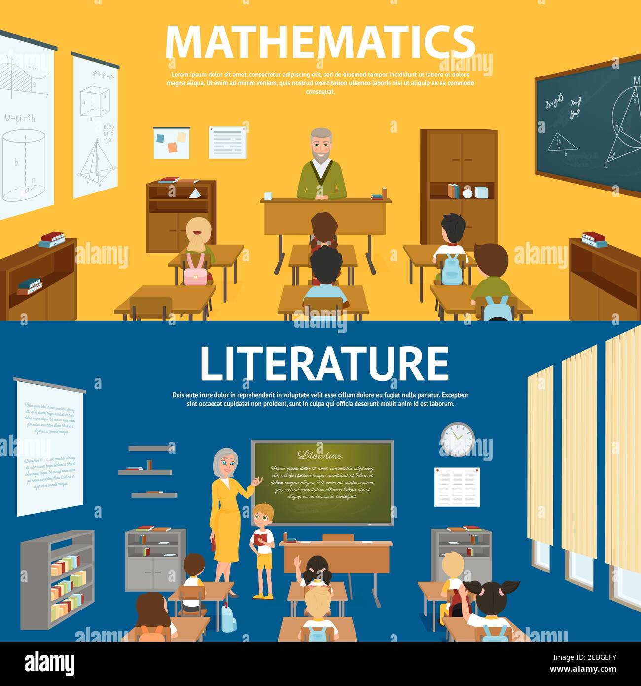 School horizontal banners with teaching of different lessons and ...