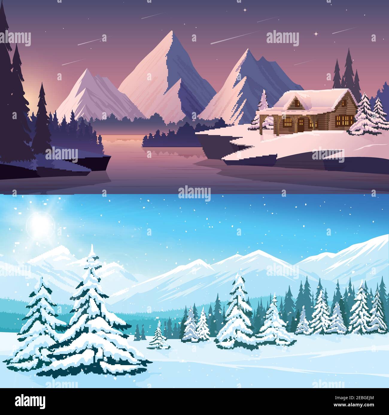 Winter landscape horizontal banners with house river mountains and ...