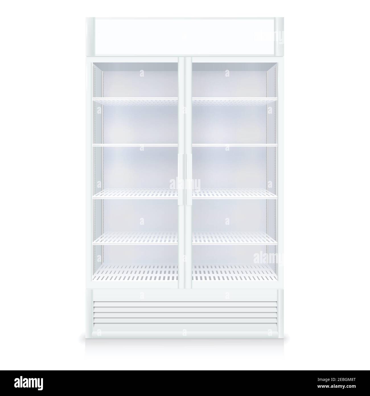Realistic empty freezer with transparent door and shelves in white ...