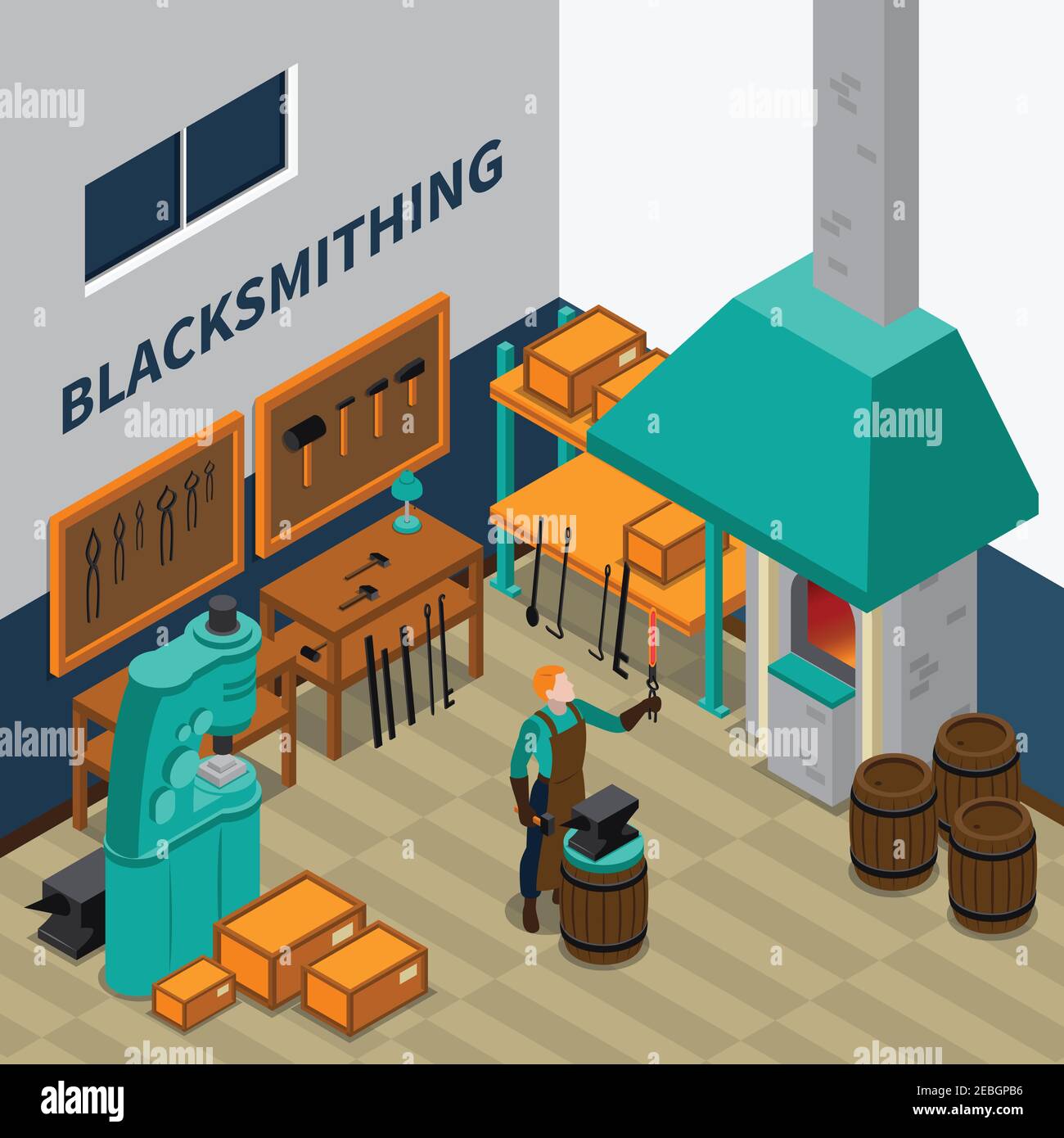 Blacksmith forging wrought iron on anvil isometric poster with smith ...