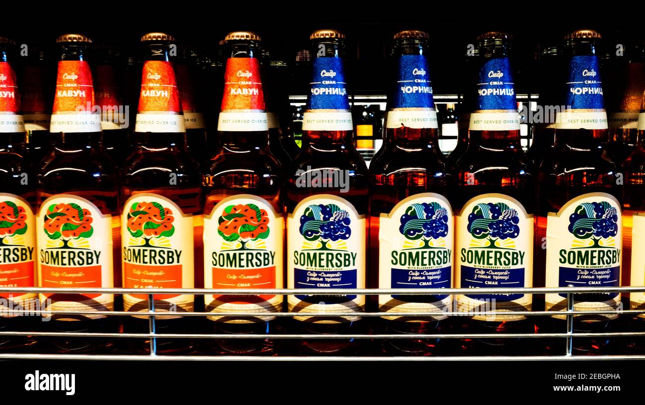 Somersby cider bottles on the store shelf. Somersby cider is a brand by ...
