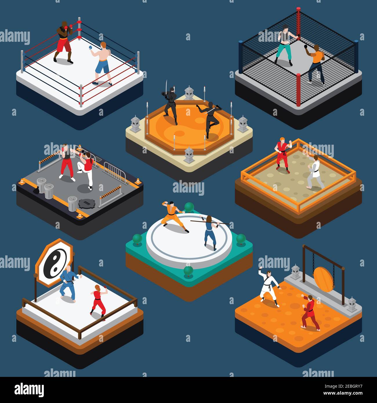 People fighters and martial arts tournaments on various rings and dojo ...