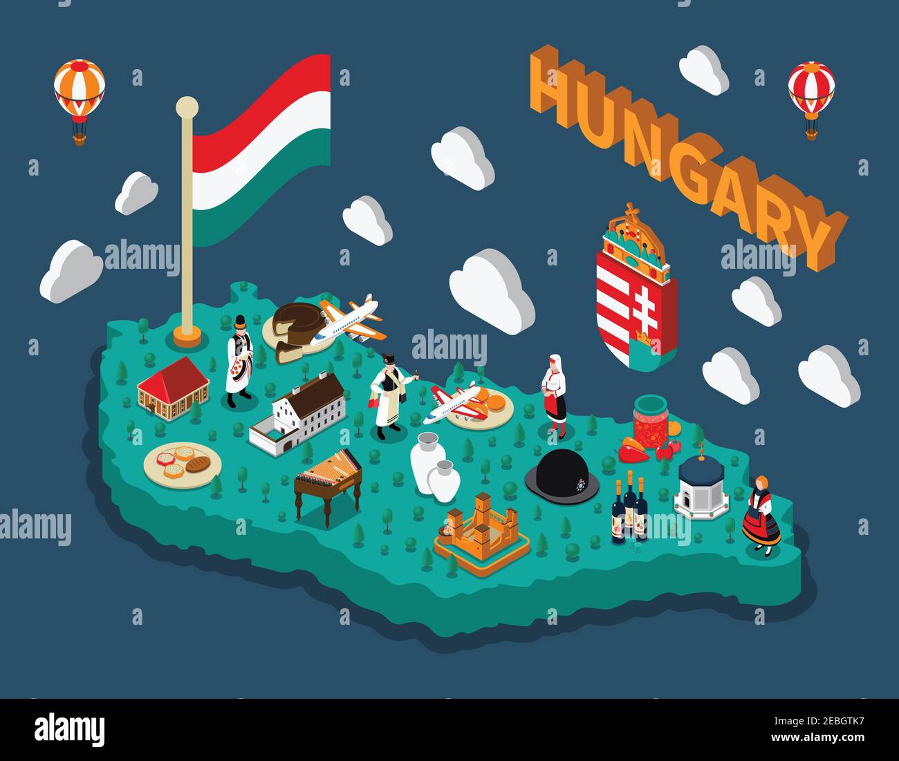 Hungary isometric touristic map with hungarian flag buildings dishes and people in national ...