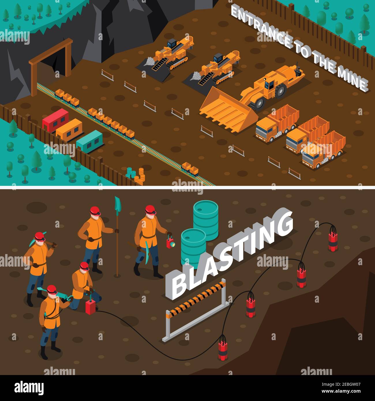 Isometric horizontal banners presenting miner people machinery and ...