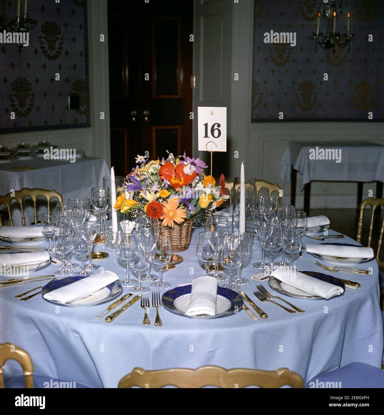 Dinner in honor of Nobel Prize Winners, 8:00PM. View of table settings ...