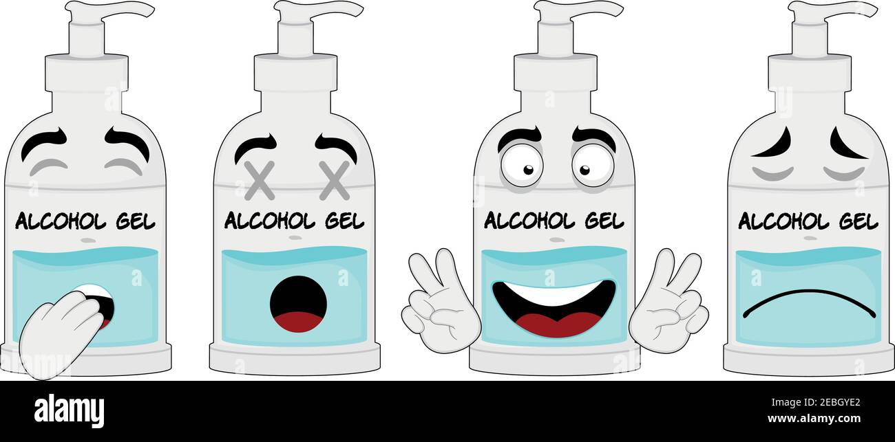 Vector illustration of expressions of a cartoon bottle of alcohol gel ...