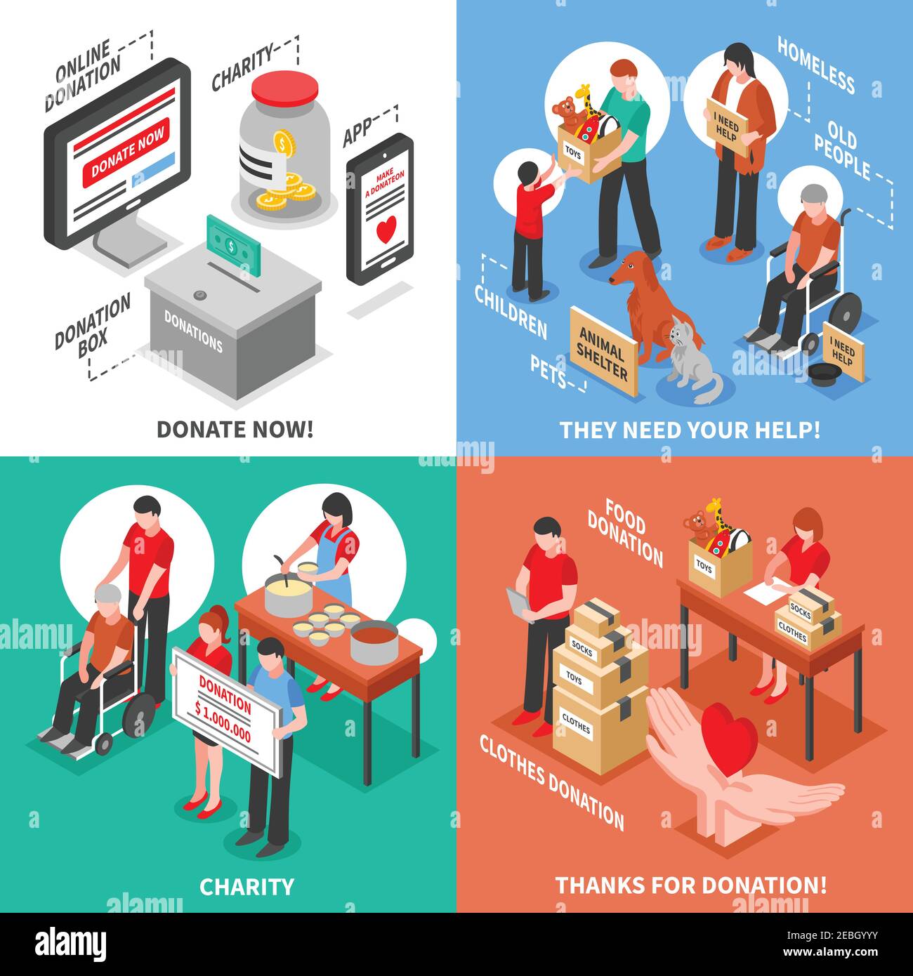 Charity donation for needy adults children and animals isometric 2x2 ...