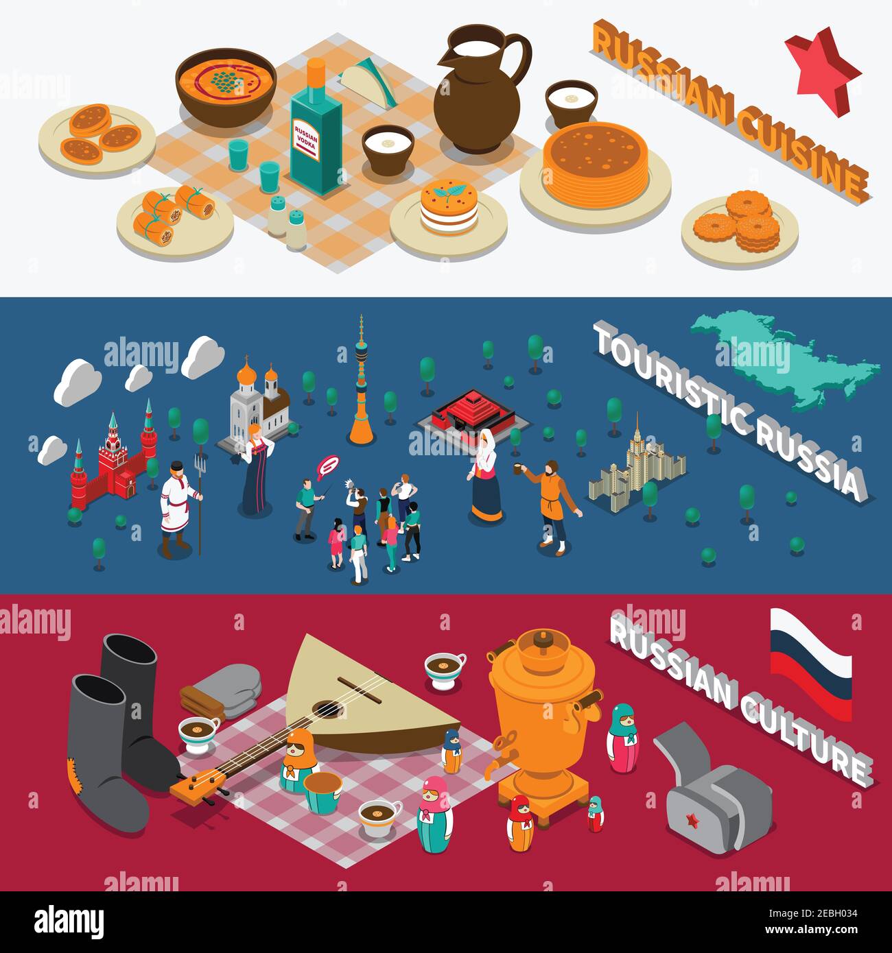 Russian culture symbols and cuisine isometric touristic colorful ...