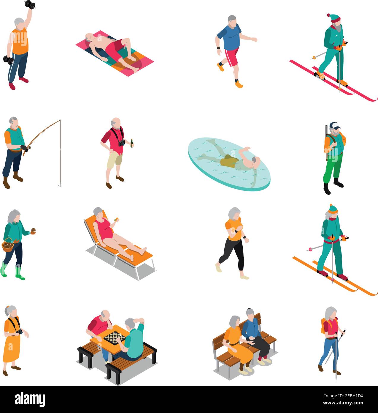 Male and female elderly people leading active life isometric icons set ...