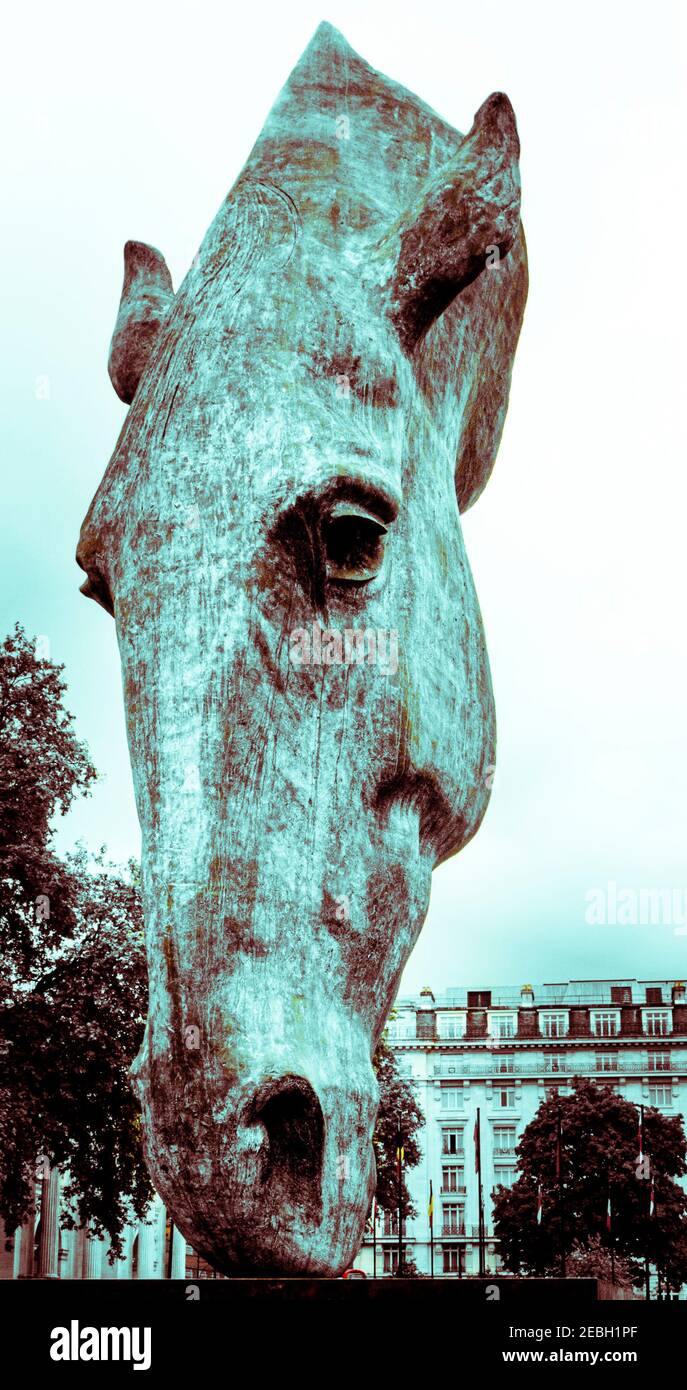 Horse head statue called Still Water in the city of London, UK Stock ...