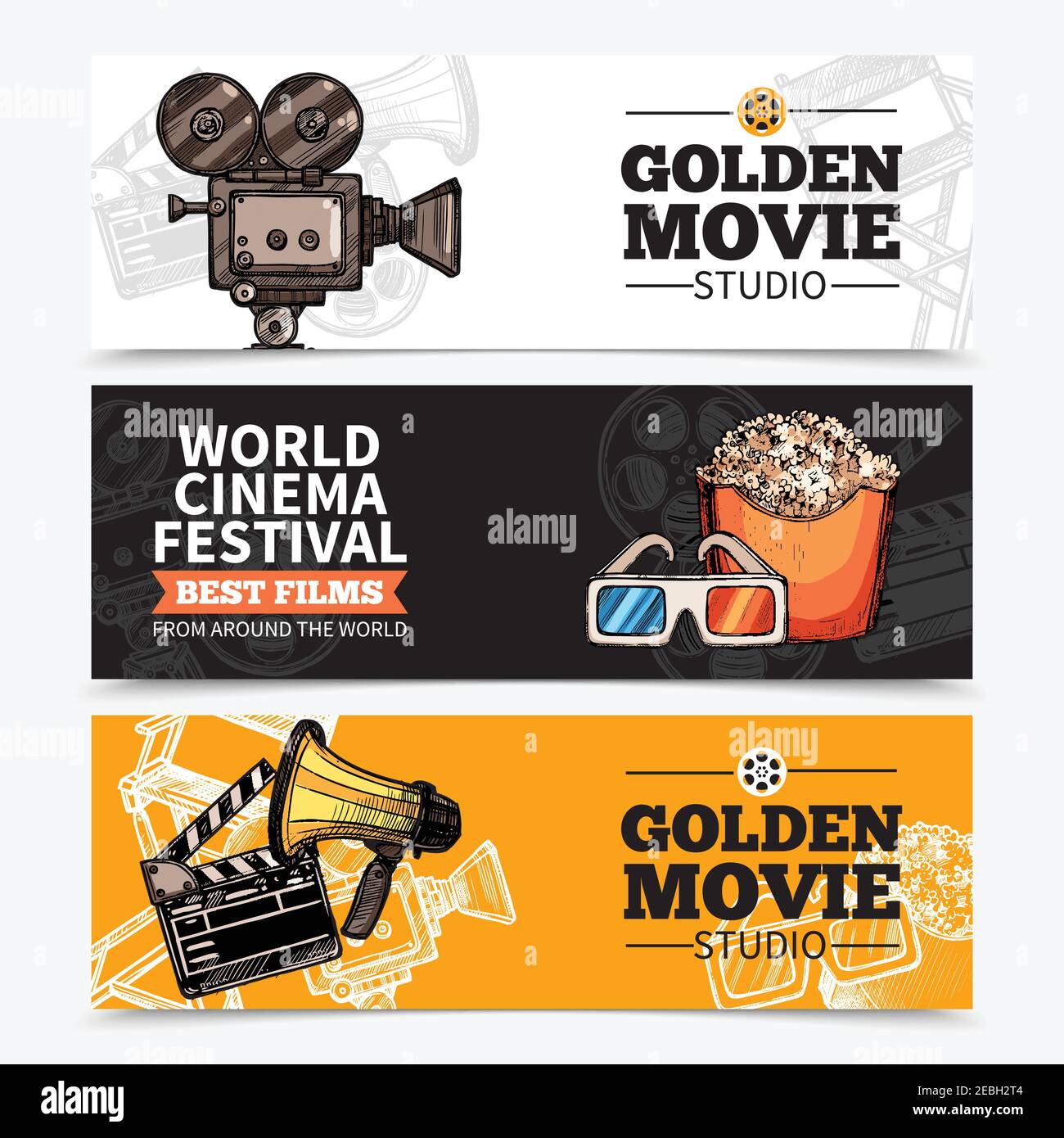 Cinema horizontal banners with studio title camera clapperboard popcorn ...