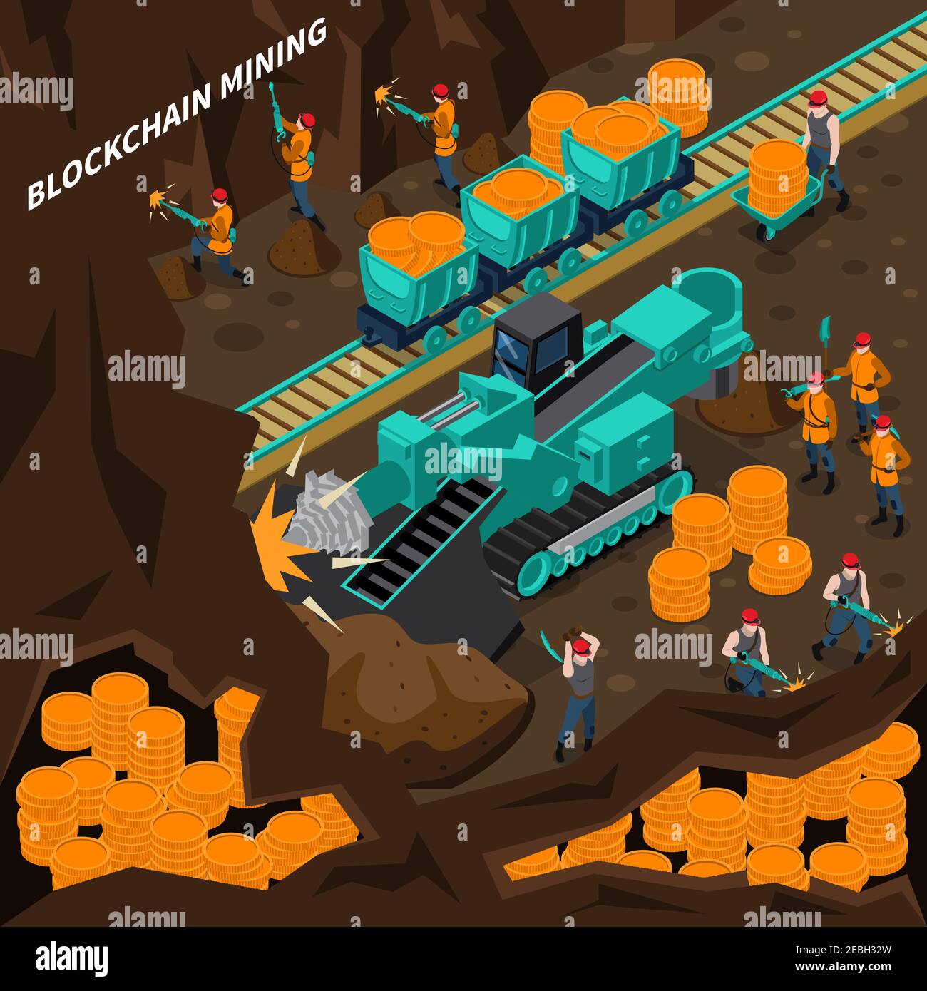 Blockchain mining isometric concept with machinery and miner people ...