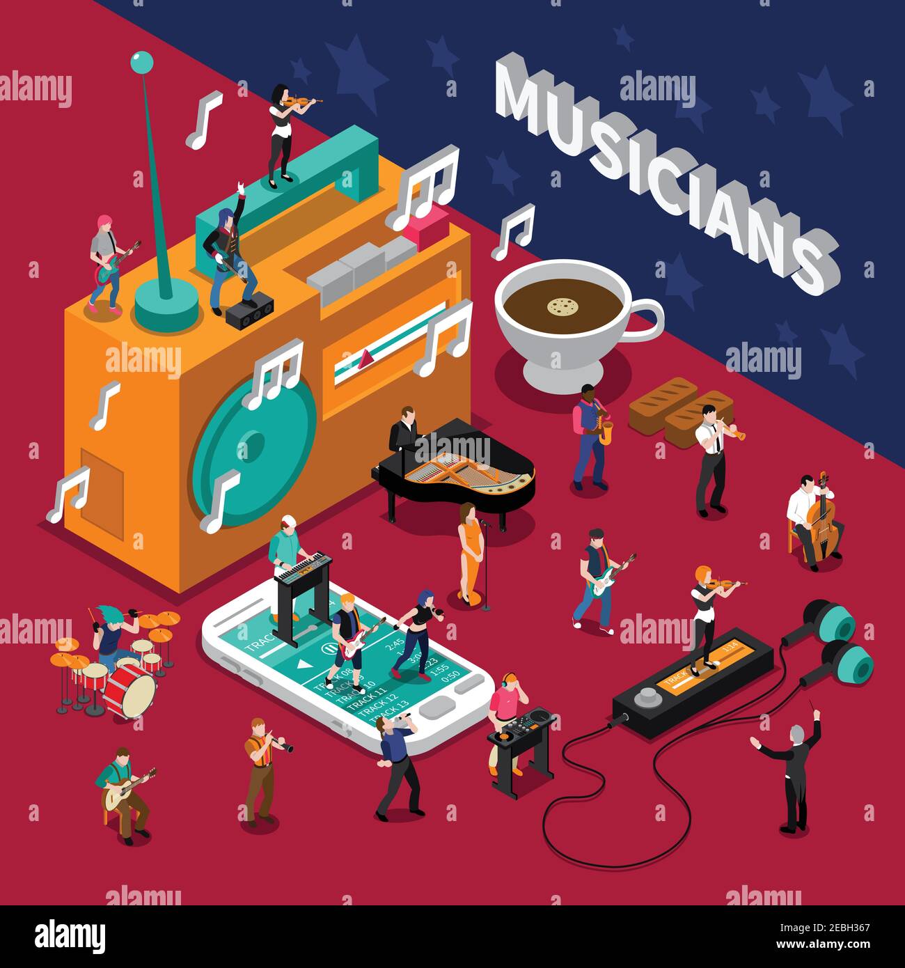 Abstract isometric composition with musicians people and music ...