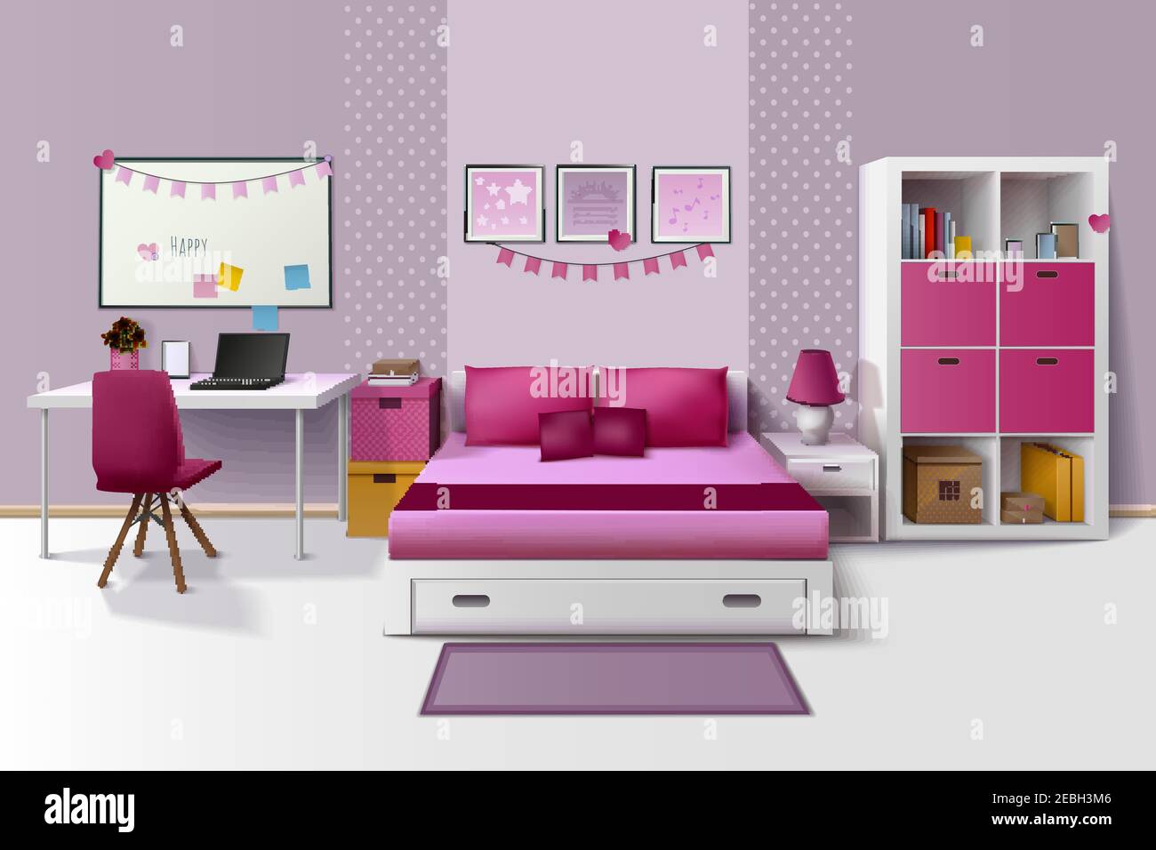 Teen girl room modern interior design with magnetic whiteboard cupboard ...