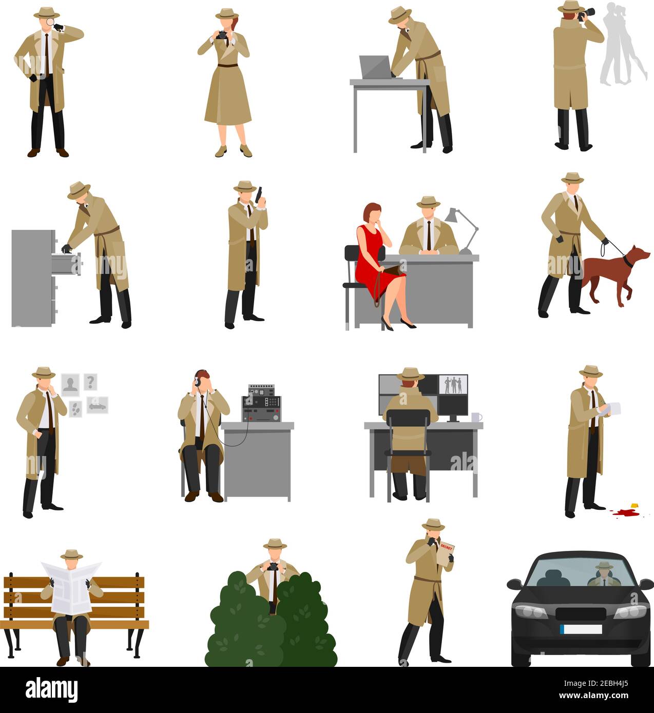 Detective characters collection with agent in different poses and ...
