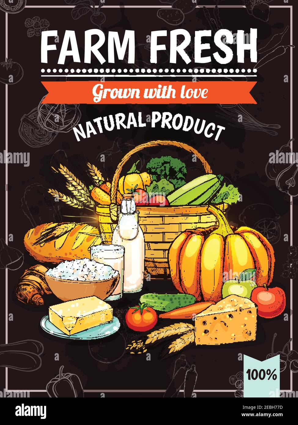 Farm products poster with healthy vegetables fruits milk cheese and ...