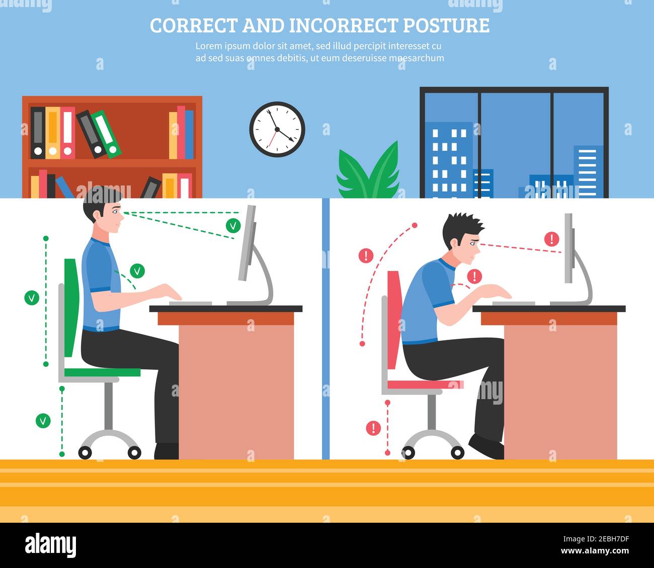 Young man demonstrating correct and incorrect sitting postures for ...