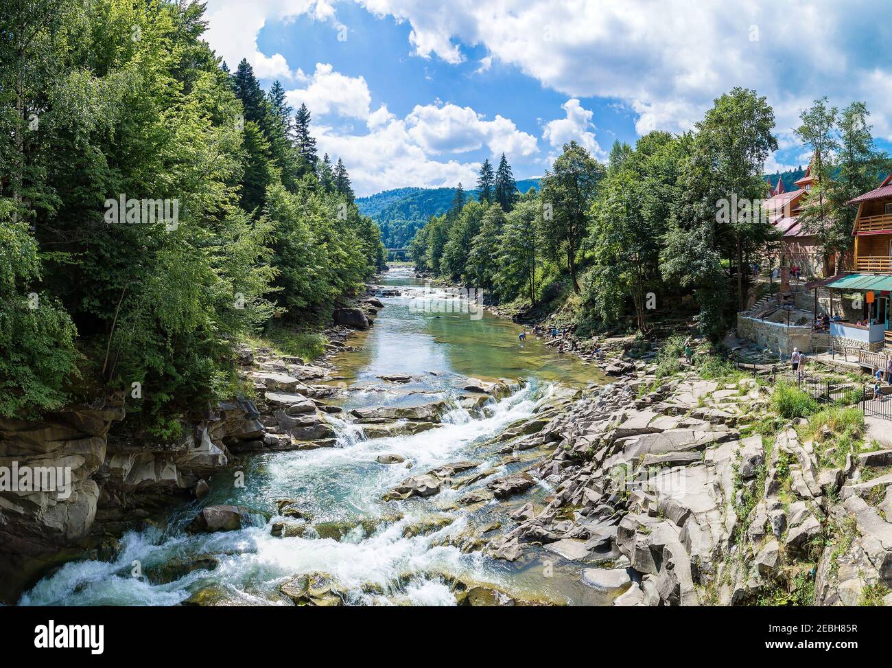 The mountain river Prut and waterfalls in Yaremche, Carpathians ...