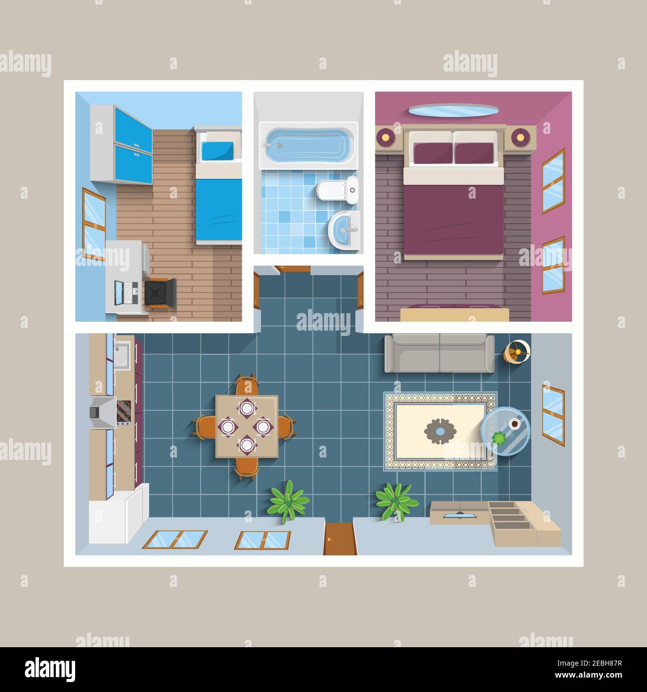 Flat architectural plan top view position with divided rooms and ... Flat architectural plan top view position with divided rooms and ...