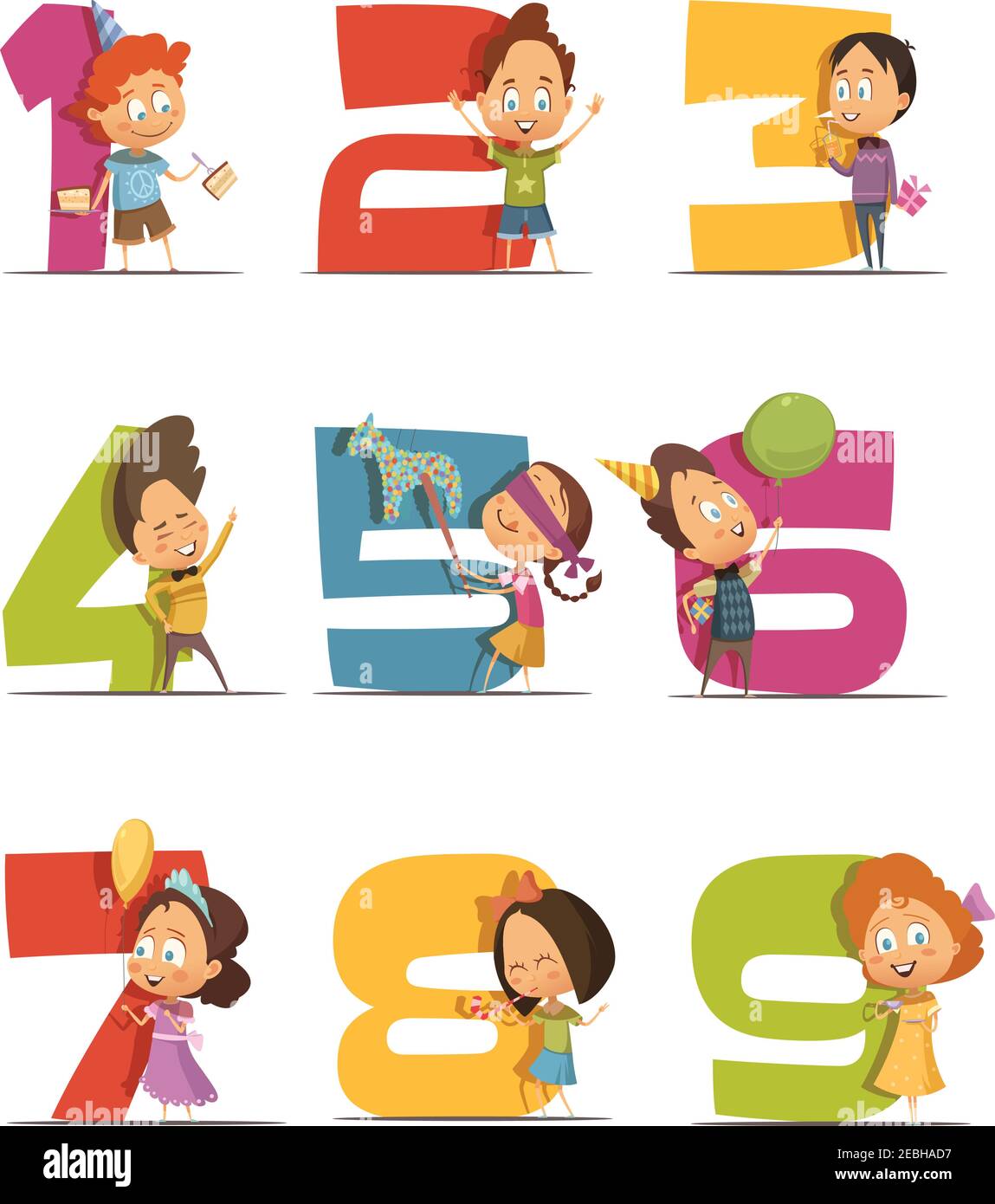 Kids party retro icons set with digits from one to nine and cartoon ...