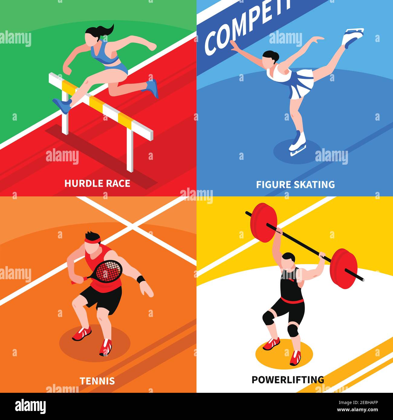 Sport isometric concept with athletes and sportsmen involving in summer ...