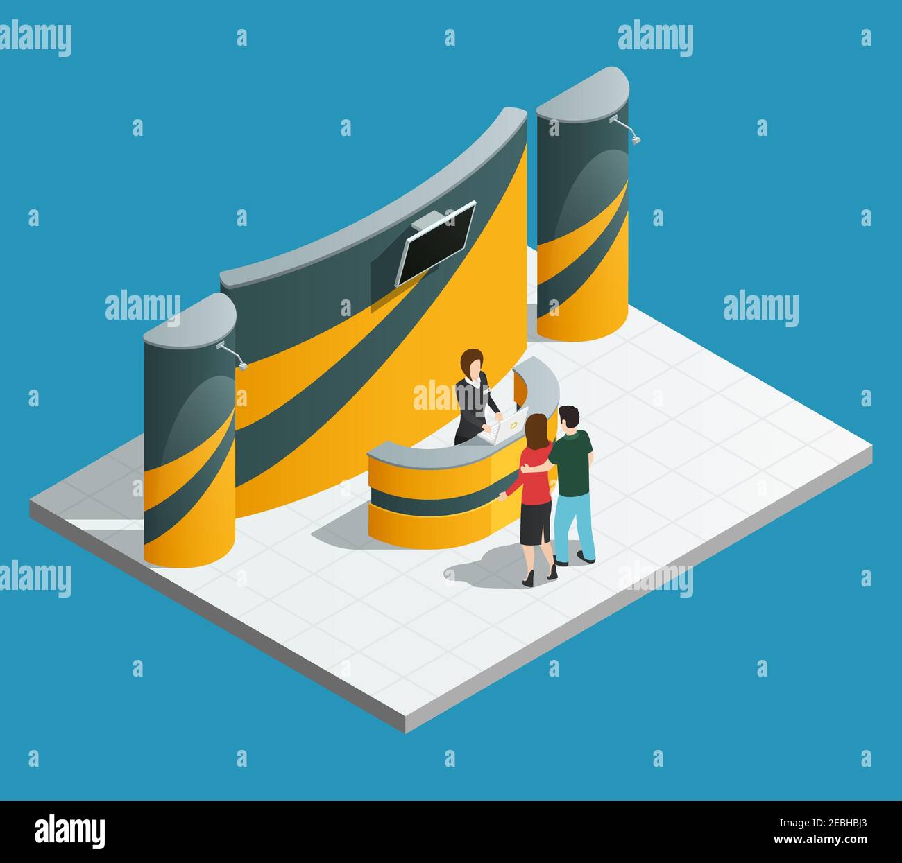 Exhibition promotion stand composition with isometric promo desk ...