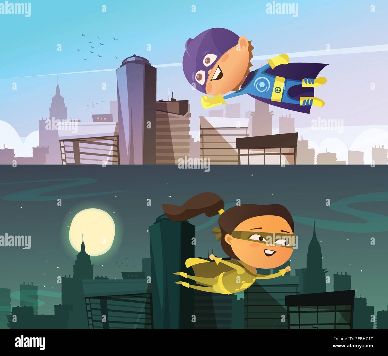 Kids superhero two flat horizontal banners with cartoon boy and girl ...