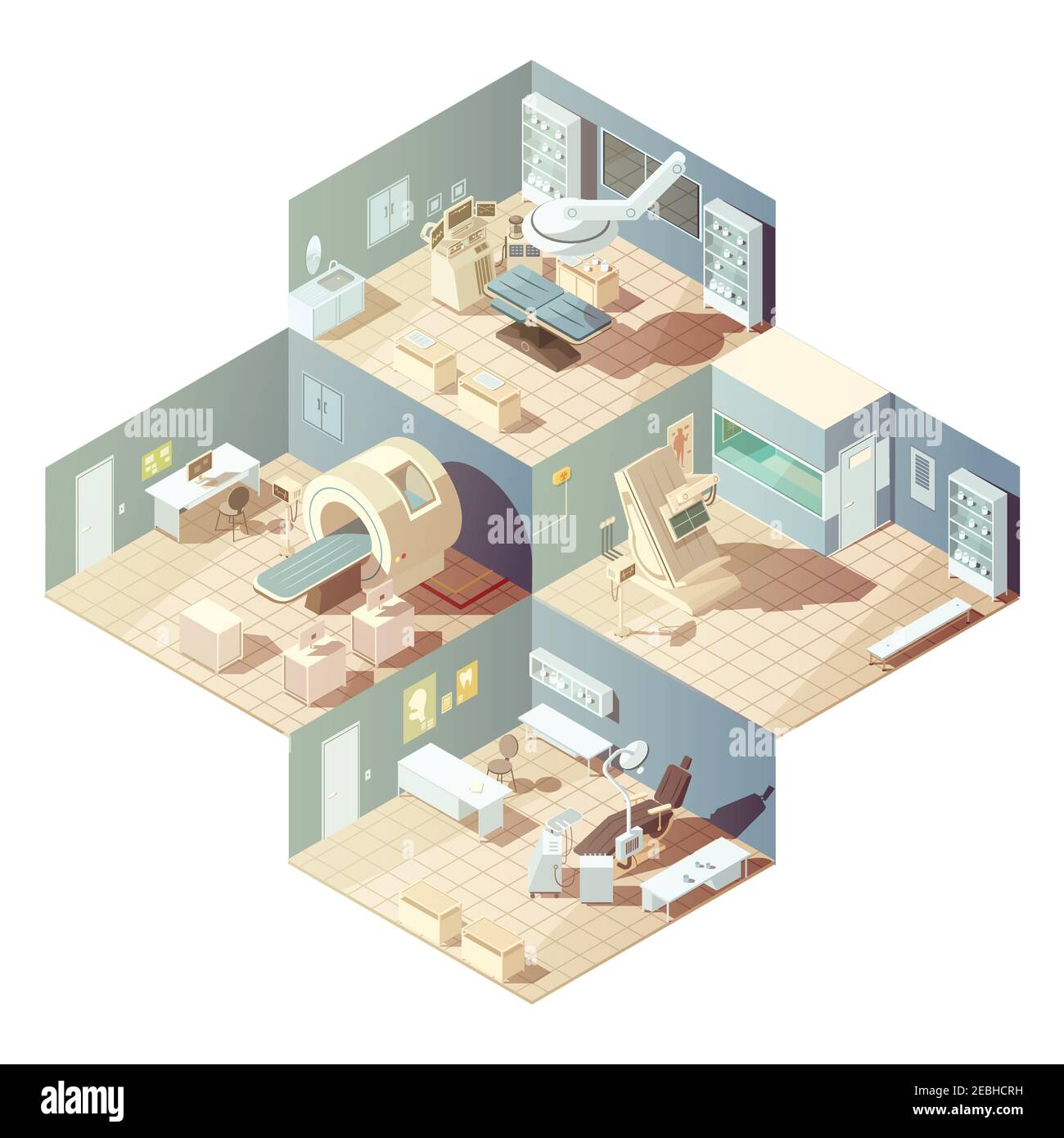 Isometric hospital rooms with various equipment for examination concept ...