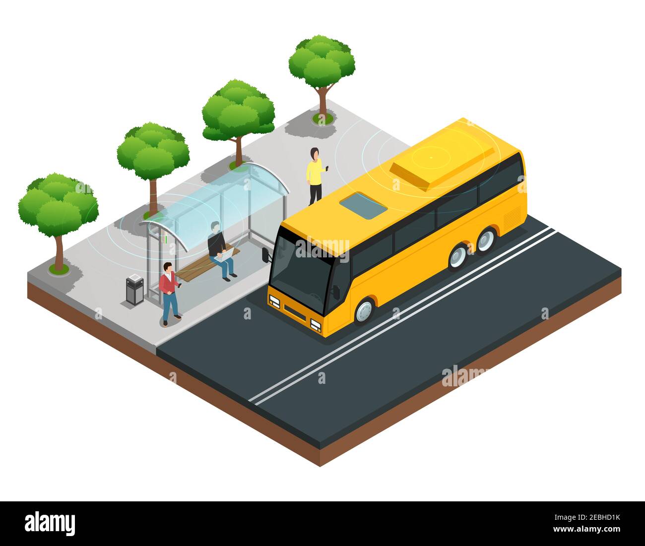 City wireless communication isometric concept with people on a bus stop ...