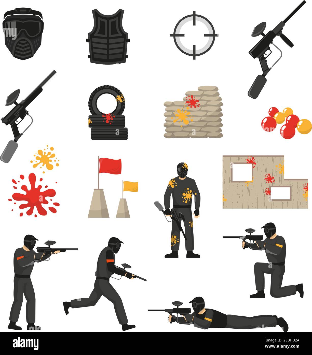 Flat icons set of paintball field elements stuff and players isolated ...