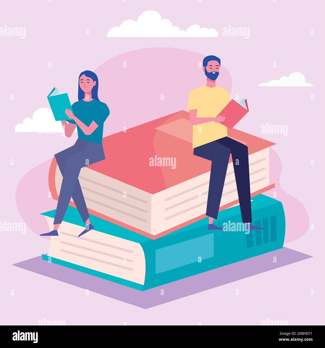 couple readers reading books seated in books characters Stock Vector ...