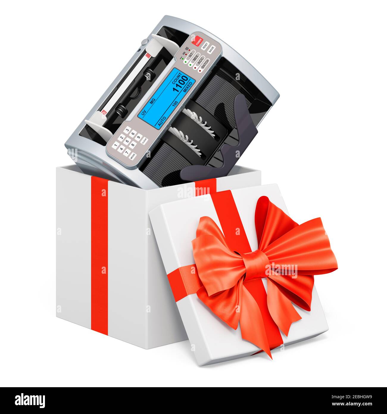 Banknote counter inside gift box, present concept. 3D rendering ...