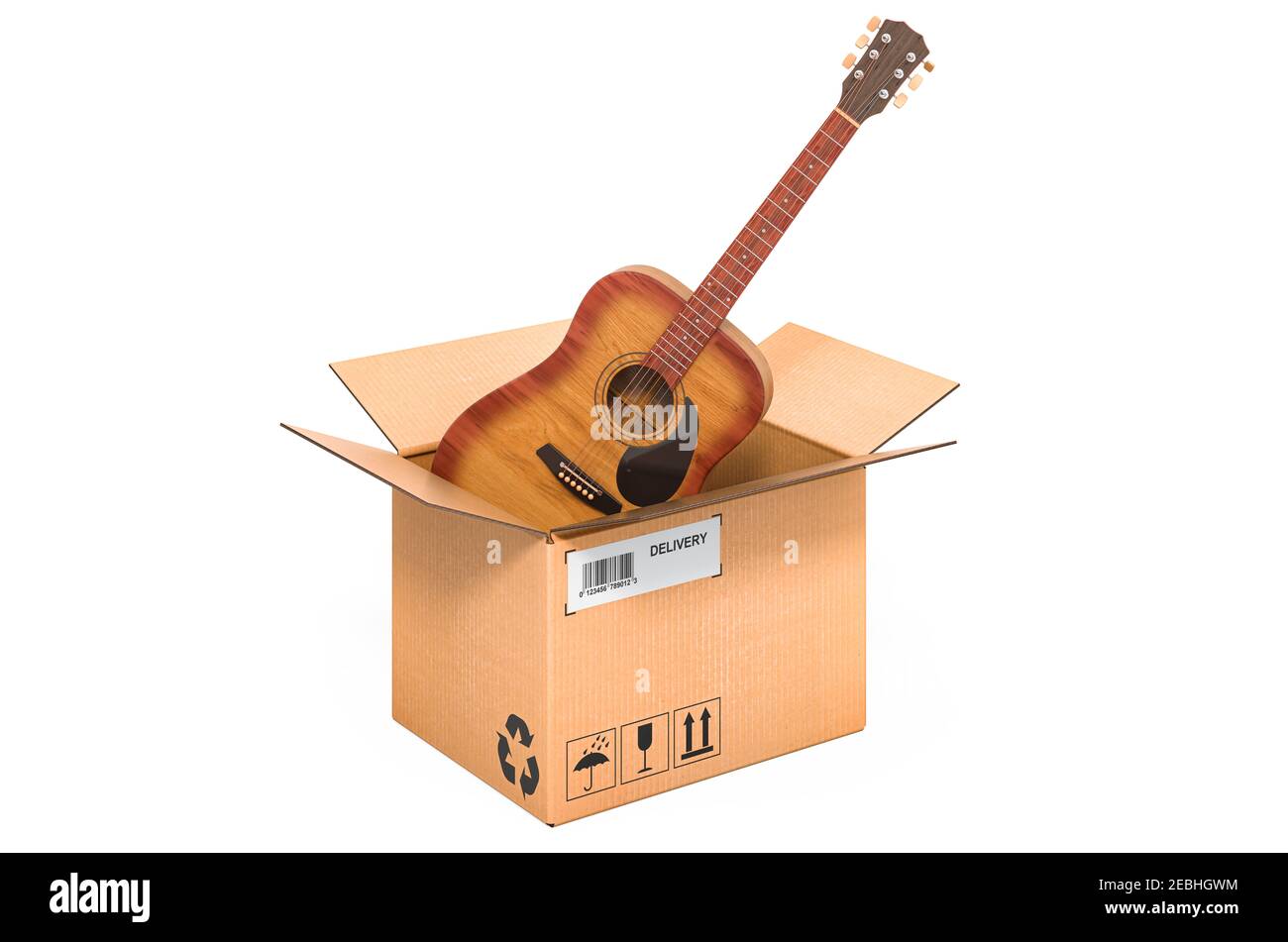 Acoustic guitar inside cardboard box, delivery concept. 3D rendering ...