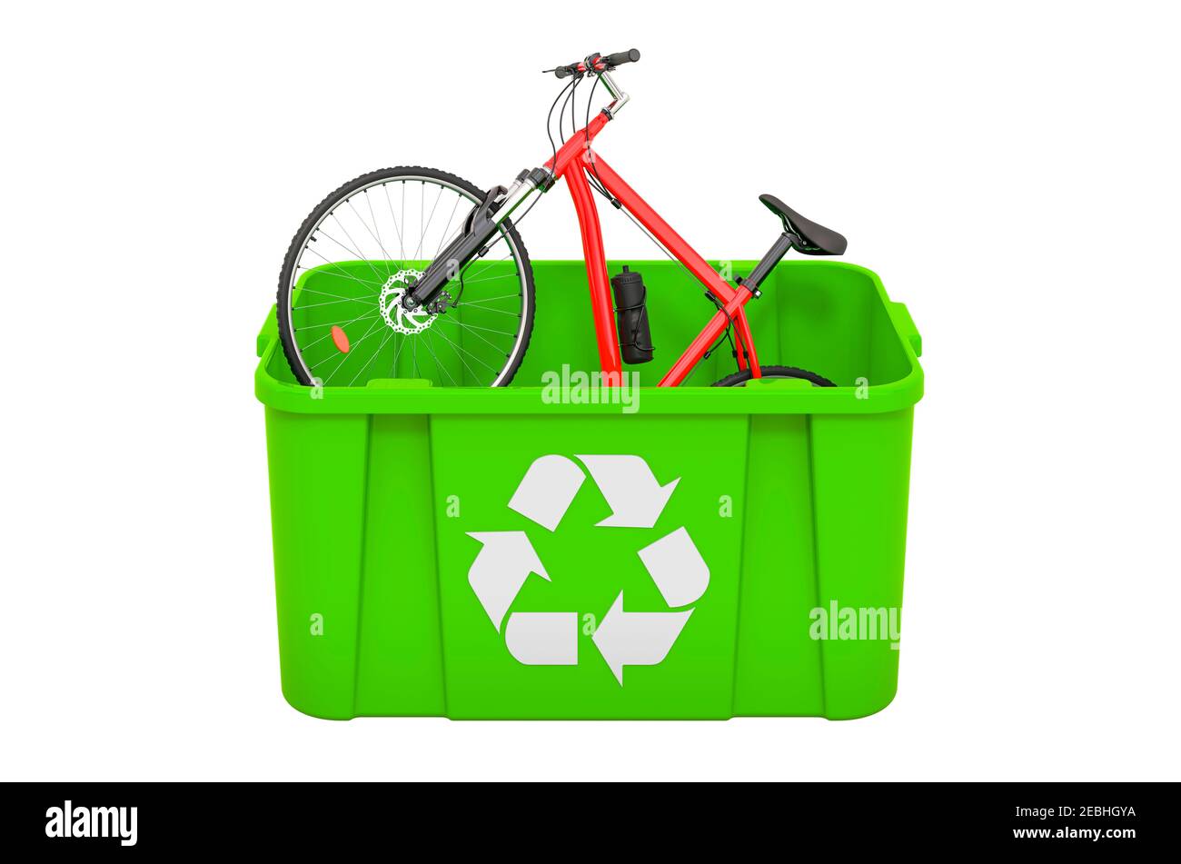 Recycling trashcan with sport bicycle, 3D rendering isolated on white ...