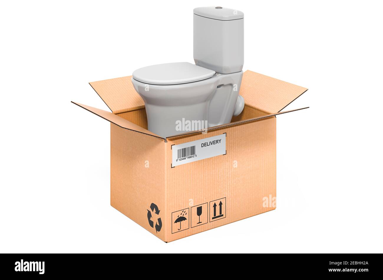 Toilet bowl inside cardboard box, delivery concept. 3D rendering ...