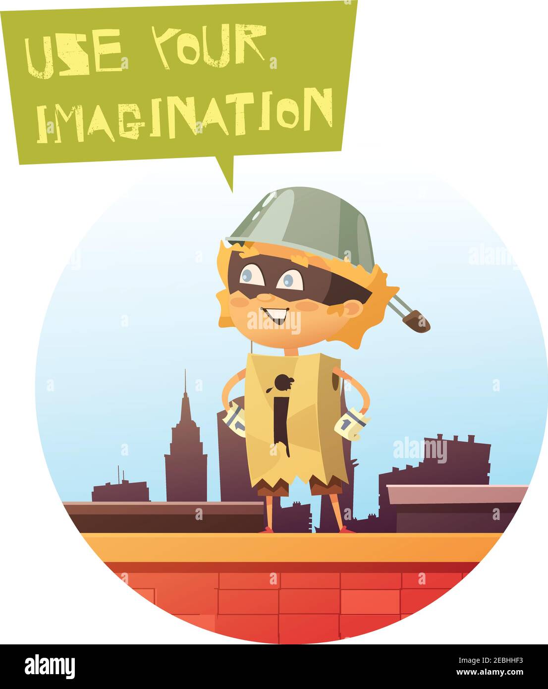 Comic kid image standing on roof of city building in superhero costume ...