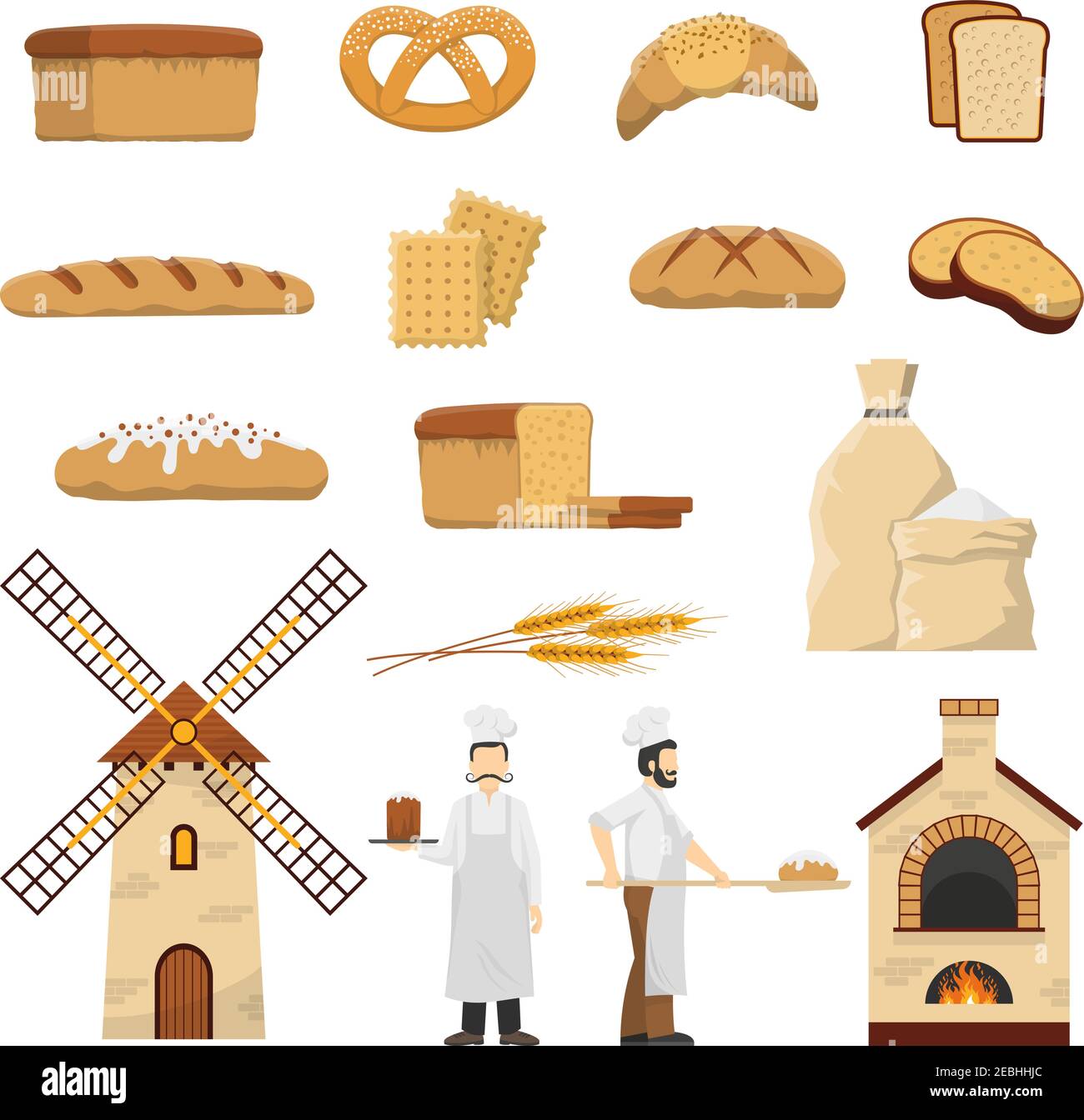 Flat bakery set with two bakers bread and other baked products isolated ...