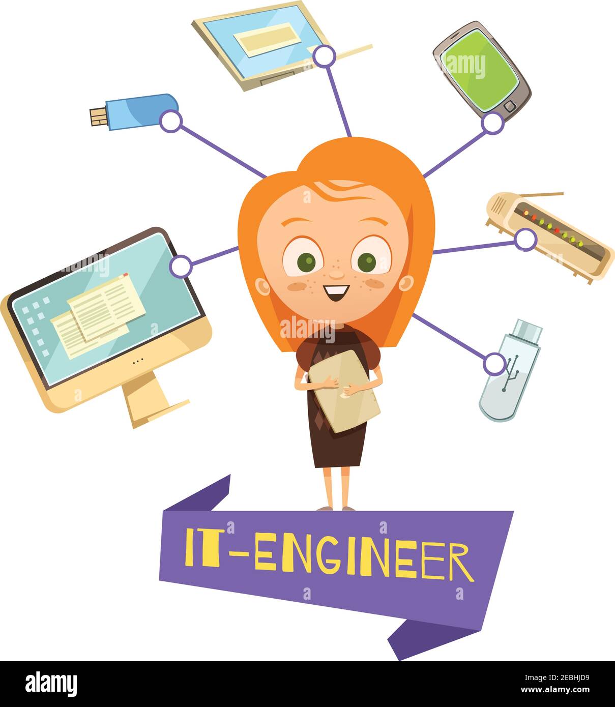 Cartoon female figurine of it engineer and data exchange tools icons ...