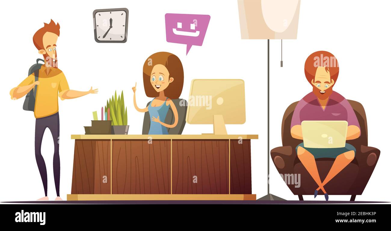 Hostel reception cartoon design concept with administrator talking with ...